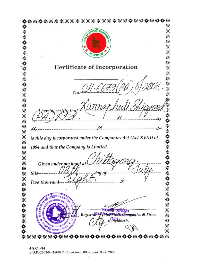 Certificates – Karnafuly Dry Dock Limited