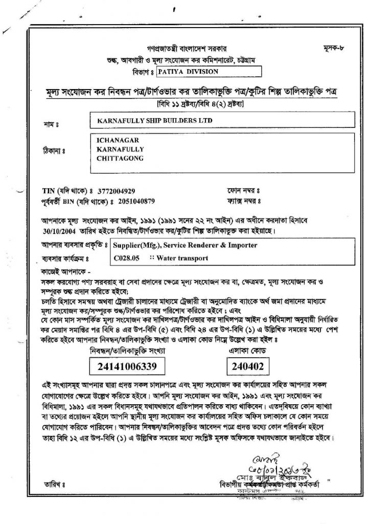 Certificates – Karnafuly Dry Dock Limited